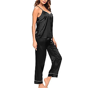 SWOMOG Womens Silk Satin Pajamas Set Two-Piece Pj Sets Cami Top and Capris Pants Sleepwear A-black