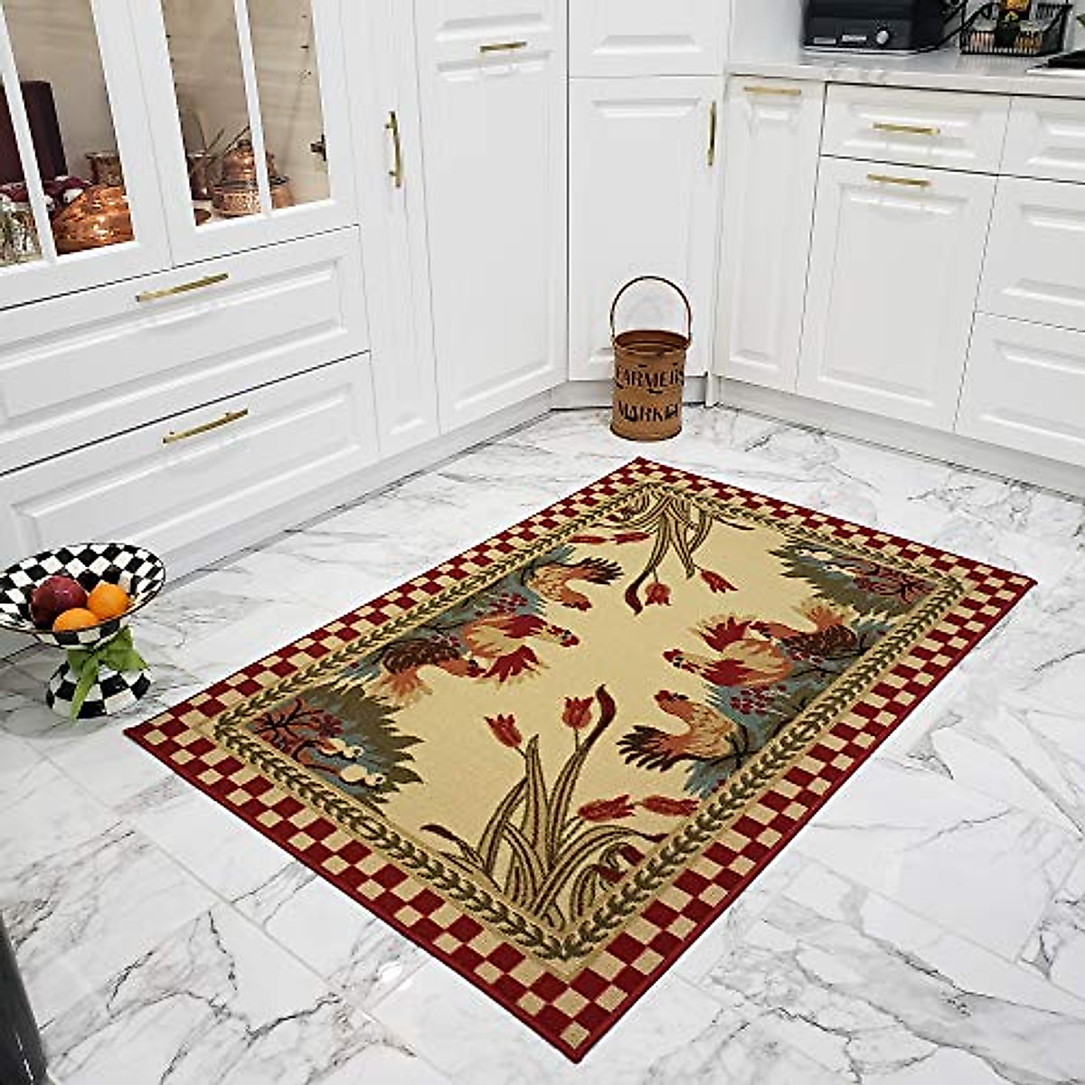 Kitchen Rugs and Mats - 39" x 59" (3X5) - Non Skid, Rubber Back - Rooster Themed - Rectangle Area Rug