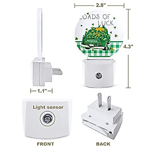 Lucky Truck St. Patrick's Day Night Lights Plug into Wall, Green Plaid Check Shamrock Auto Round LED Lights with Dusk to Dawn Sensor for Bedroom, Bathroom, Hallway, Kitchen, Kids, Home Decor