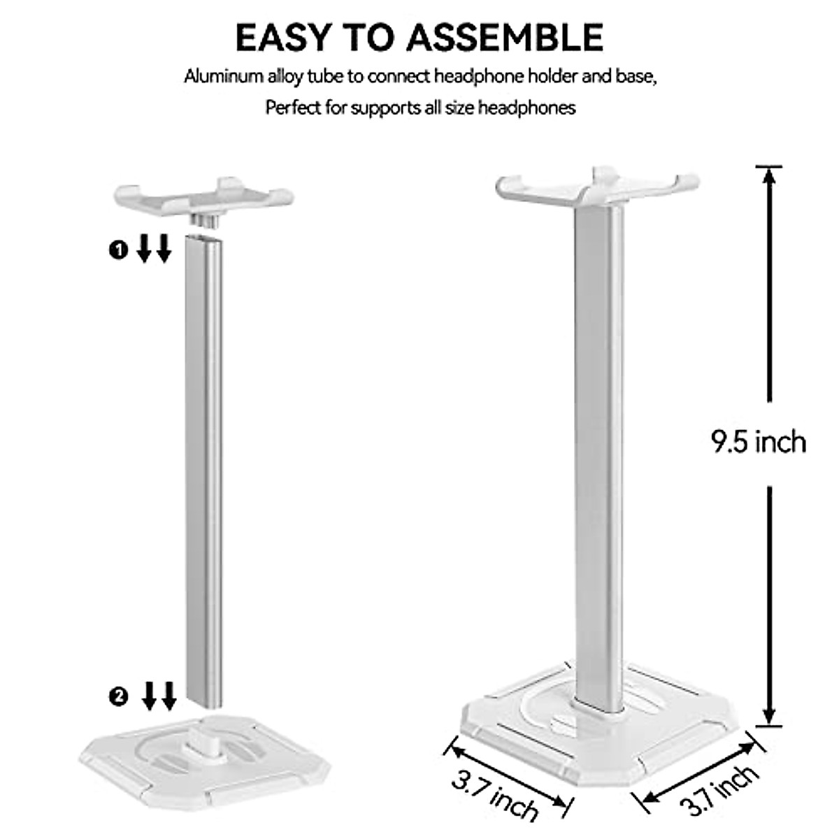 TuparGo Headphone Stand for Desk, Standing Computer Headset Holder,Aluminum Tube Connection and Easy to Assemble ,Suitable for All Over-Ear Headphone (White, Single)