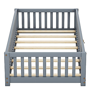 DNYN Twin Size Floor Bed for Kids Bedroom,Solid Wood Bedframe w/Door/Safety Guardrails/Wood Slat Support/Easy Assemble/Space Saving Design/No Box Spring Needed, Gray
