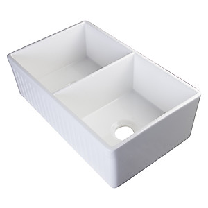 ALFI brand AB537 White 32-Inch Fluted Double Bowl Fireclay Farmhouse Kitchen Sink, White