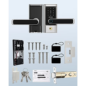Keyless Entry Door Lock, Zomnua Fingerprint Lever Lock Keypad Door Lock with Handle, Deadbolt Alternative Front Door Lock Biometric Passcode Code Door Lock with IC Card for Home Hotel Office (Silver)