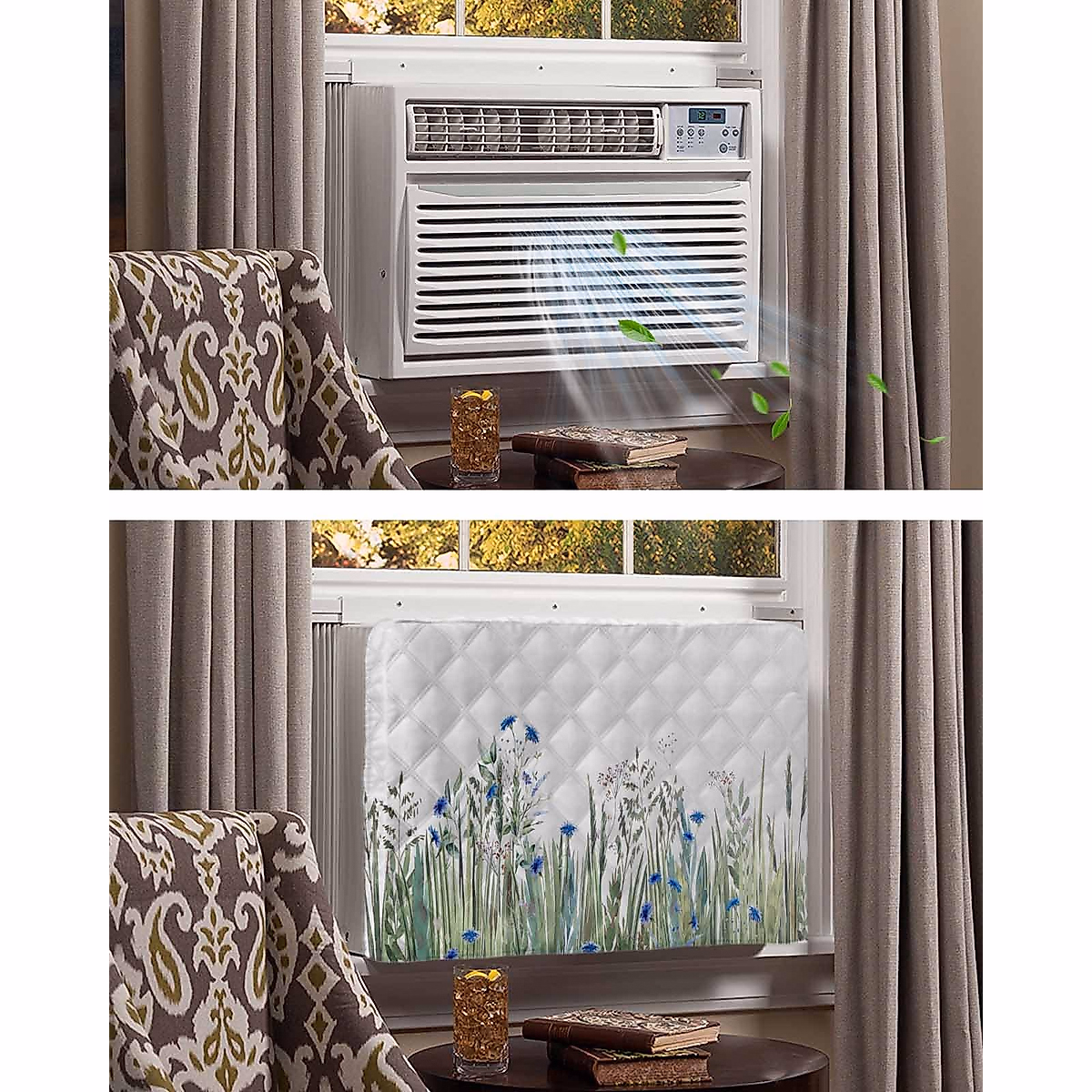 Leaves Plants Indoor Air Conditioner Cover for Window Units, Double Insulation Adjustable Waterproof Indoor AC Cover with Elastic Straps Wildflower Botanical Flower Blue Green 25'' x 18'' x 3.5''