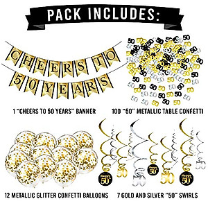 50th Birthday and Anniversary Decorations Party Pack - Cheers to 50 Years Banner, Balloons, Swirls and Confetti Party Supplies