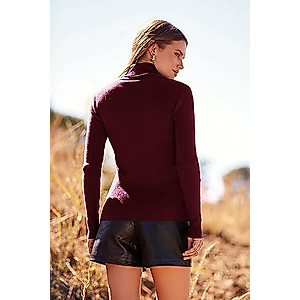 PRETTYGARDEN Women's Fall Fashion Turtleneck Pullover Sweaters Casual Long Sleeve Cable Knit Fitted Jumper Tops (Wine Red,Medium)