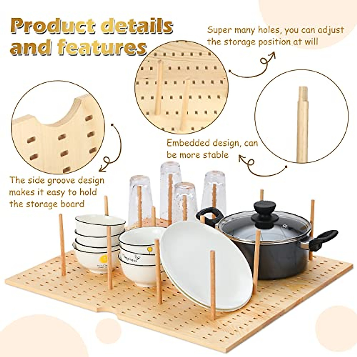 24 x 21 Inch Wood Peg Board System Dish and Plate Organizer Adjustable Wood Drawer Organizer Pegboard Wall Organizer Shelf and Drawer Organizer for Food Containers Cookware Utensils