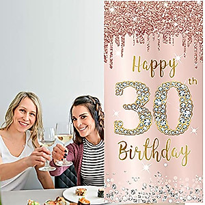 Happy 30th Birthday Door Banner Backdrop Decorations for Her, Pink Rose Gold 30 Birthday Party Door Cover Sign Supplies, Thirty Year Old Birthday Poster Background Decor