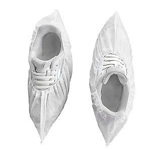Greenour Shoe Covers Disposable for Indoors Pack of 100 (50 Pairs) Waterproof CPE Booties Shoes Protectors Coverings Fits Up to Size 11 US Men and 13 US Women White Large
