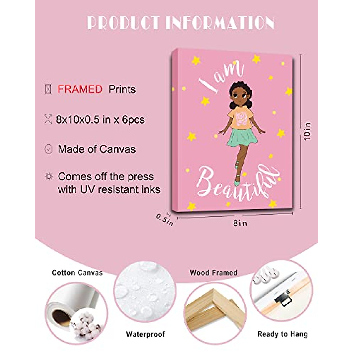 Girls Room Decor Black Girl Wall Painting Art Decor - Motivational Black Girl Posters - Inspirational Art Paint for Kids Teen Girls Room Wall Decorations (Framed, 8 x 10 Inch x 6pcs)