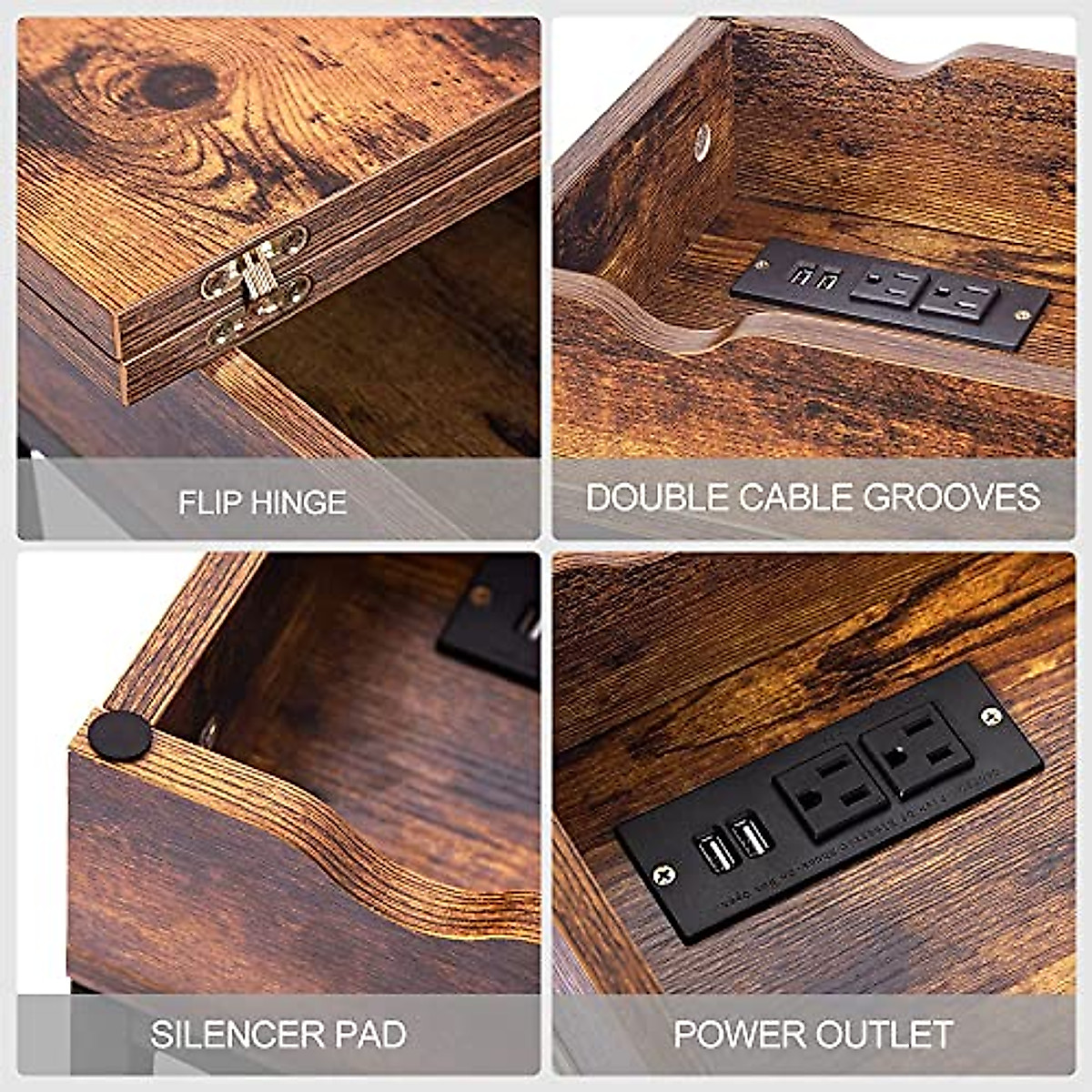 FABATO End Table with Charging Station Nightstands with Storage Shelves Flip Top&USB Ports Narrow Sofa Side Table for Small Spaces with Metal Frame Living Room Bedroom, Rustic Brown