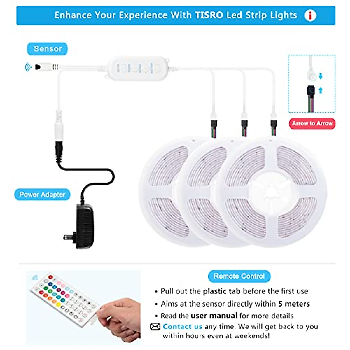 TISRO Led Strip Lights 50ft, Led Lights for Bedroom with Remote and Bluetooth App Control, Music Sync RGB Color Changing Led Light Strips for Room, Bedroom, Kitchen