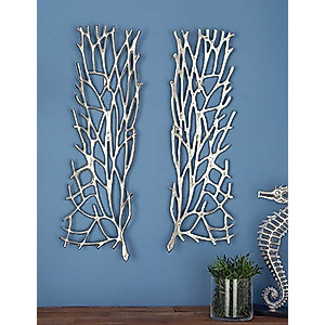 Deco 79 Aluminum Coral Inspired Wall Decor, Set of 2 10"W, 34"H, Silver