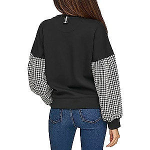 Karl Lagerfeld Paris Women's Houndstooth Detail Long Sleeve Blouse, Black