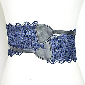 FIEIJ Women's Lace Waist Belt Bow Tie Wrap Around Soft Leather Boho Corset Elegant for Dresses (Dark Blue)