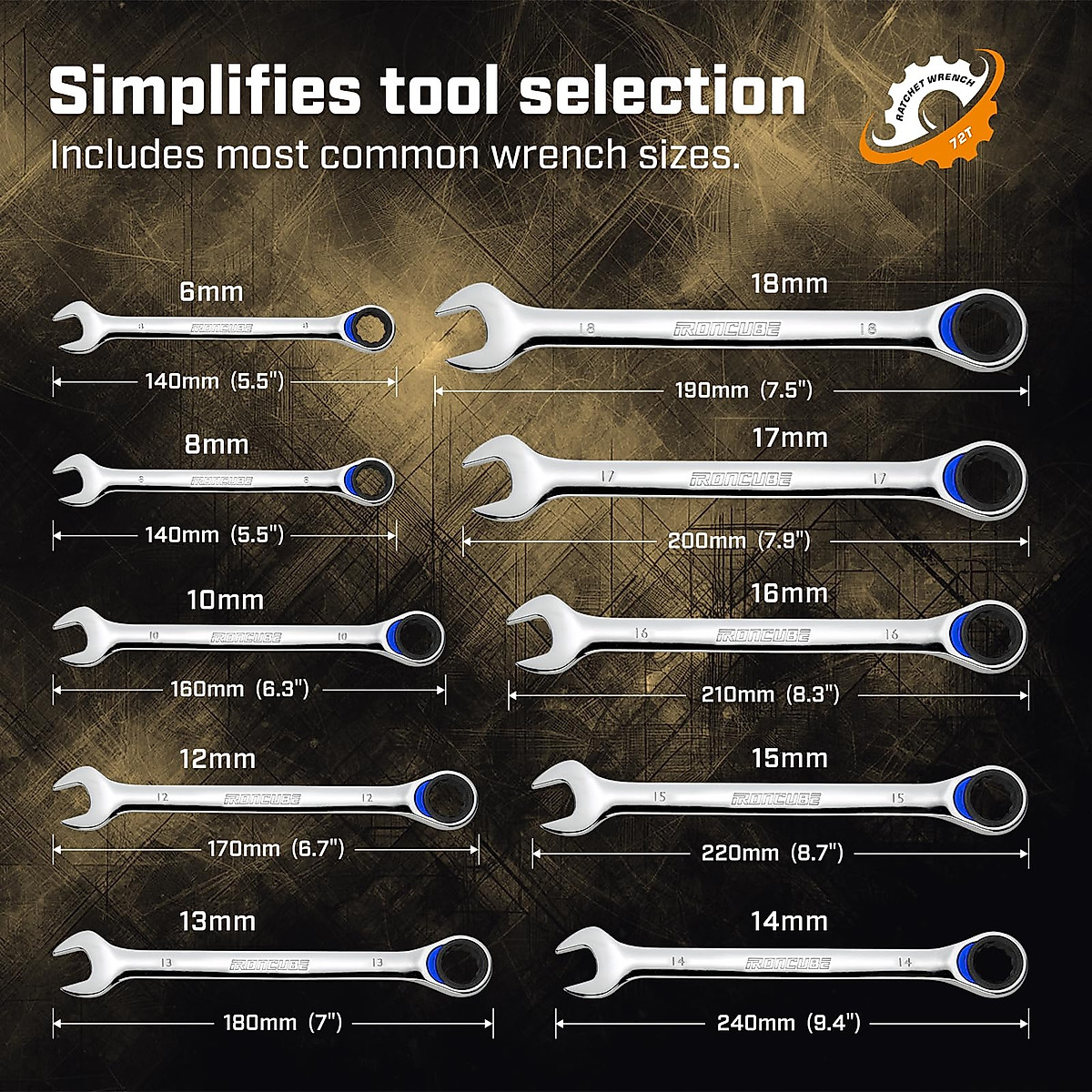 ironcube Ratcheting Combination Wrench Set, 10-Piece Ratchet Wrenches, Metric 6mm to 18mm, Mirror Polished, 72 Teeth Gear, with Carrying Bag, Tool Gifts for Father