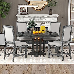 Prohon Round Extendable Table and 4 Upholstered Tufted Chairs with X-Shape Wood Legs, Retro Style 5 Piece Dining Set Farmhouse Furniture for Kitchen/Living Room/Apartments, Black