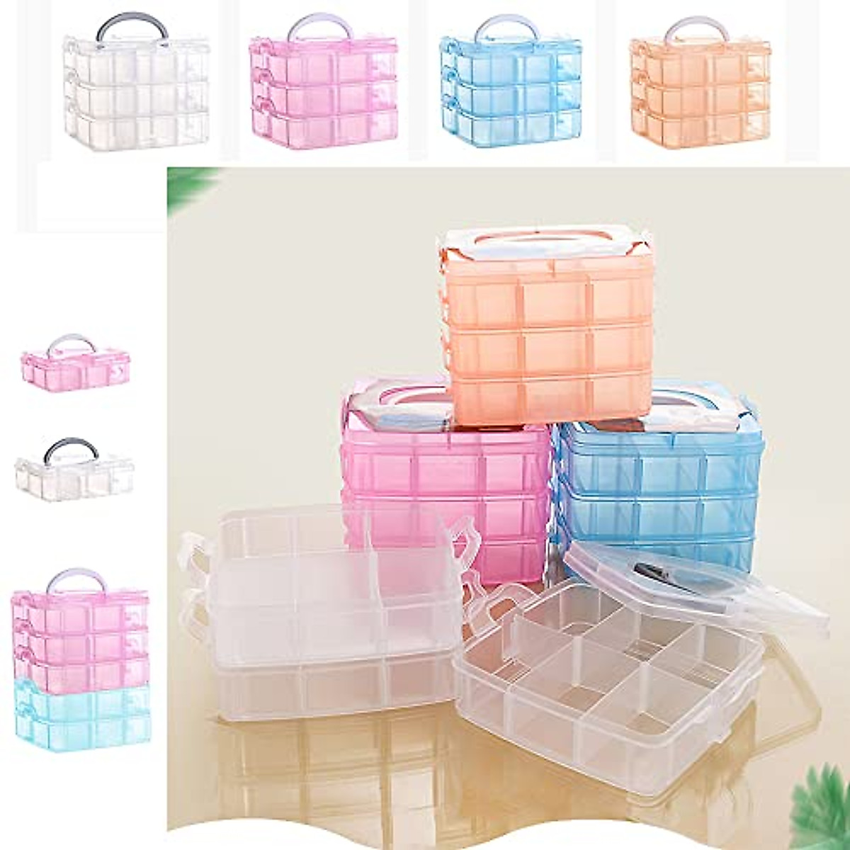 3 Tier Small Stackable Storage Container Box with Handle, CORGIMHZ Plastic Craft Organizer Case with 18 Adjustable Compartments for Washi Tapes, Art Supplies, Jewelry (5.9 x 5.83 x 4.88 in) (2, clear)