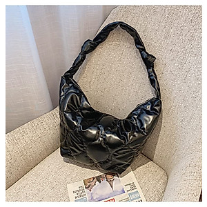 Large Puffy Tote Bag for Women, Lightweight Quilted Cotton Padded Puffy Shoulder Bag, Down Designer Handbag Crossbody Bag (Black)