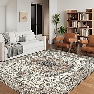 befbee 8x10 Area Rugs for Living Room, Stain Resistant Neutral Washable Rugs for Dining Room, Floral Vintage Non-Slip Thin Large Size Area Rug (Brown/Grey)