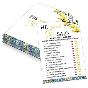 Blue Tiles and Lemons He Said She Said Game for 30 Guests with Game Cards, Lemons Bridal Shower Game, Modern Bridal Shower Decorations, Wedding Shower or Bachelorette Party Supplies - 02