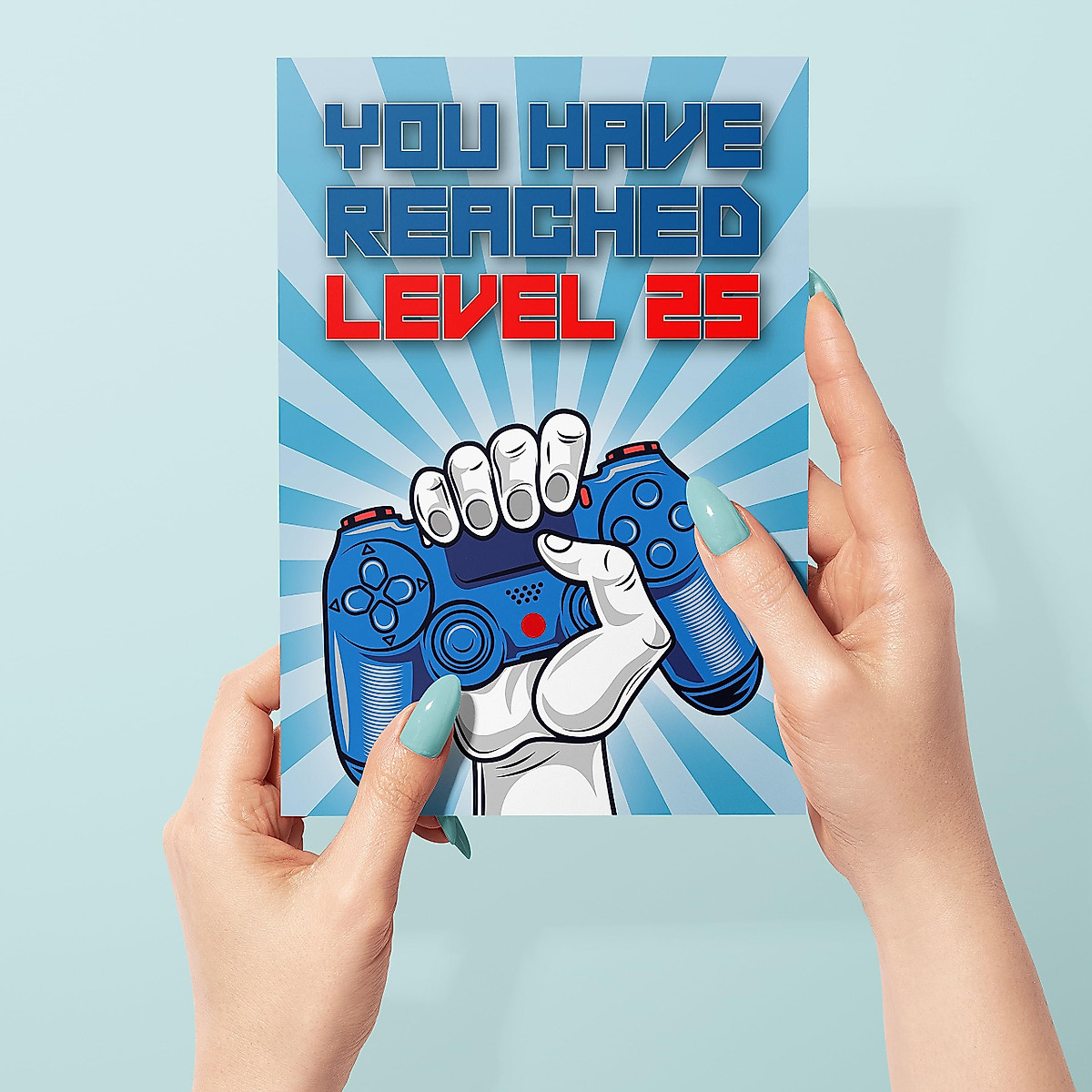 25th Birthday Card, You Have Reached Level 25, Greeting Card for Twenty-Five Year Old Gamer Birthday Gift for Adult Son or Daughter, For Him Her Grandson Granddaughter, Blue