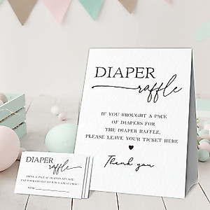 Baby Shower Games, 1 Diaper Raffle Standing Sign with 50 Diaper Raffle Tickets, Minimalist Hello Baby, Modern Black and White Theme Gender Reveal Party Decorations and Supplies(LBLK-A10)