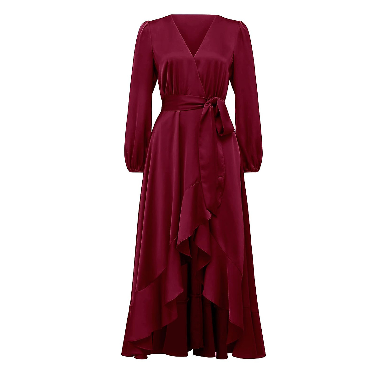 PRETTYGARDEN Women's Satin Fall Dress Semi Formal Satin Long Sleeve Wrap V Neck Ruffle Belted A-Line Flowy Maxi Dresses (Wine Red,Small)