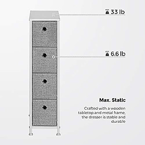 SONGMICS Narrow Dresser with 4 Fabric Drawers Vertical Slim Storage Tower Unit, 7.9", Light Gray