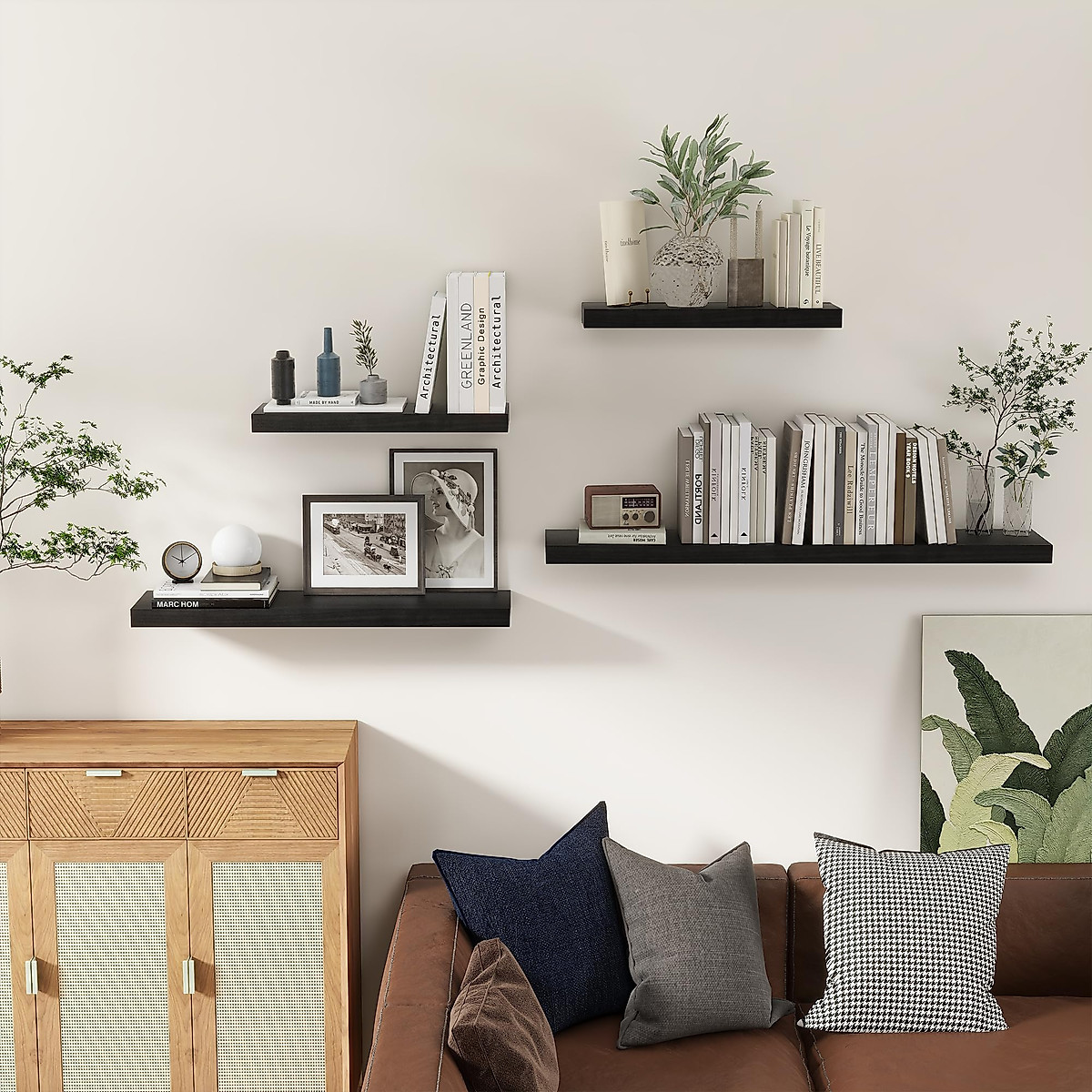 Black Floating Shelves for Wall, 9 Inch Deep Floating Shelves Set of 2, 24 Inch Long Solid Wood Wall Mounted Shelves for Books Living Room Bedroom Kitchen Home Office, 24"W x 9.3"D x 1.6"H