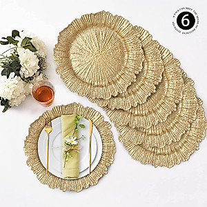 MAONAME Round 13" Gold Charger Plates, Set of 6, Reef Plate Chargers for Dinner Plates, Plastic Table Chargers for Wedding, Thanksgiving, Christmas