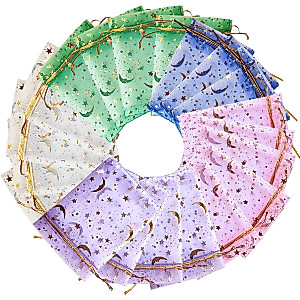 yuntop 100Pcs Moon Star Organza Jewelry Candy Pouch, Gift Bags Pouches for Wedding Party Valentine's Day (Mixed Color, 3.5 x 4.7 inch)