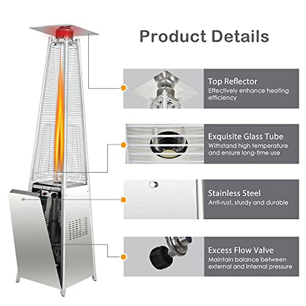 Toolsempire Outdoor Patio Heater 42,000 BTU, Propane Gas Space Heater Pyramid Stainless Steel Heaters Quartz Glass Tube with Wheels for Garden, Yard, Residential & Commercial Use, 90” Tall, Silver