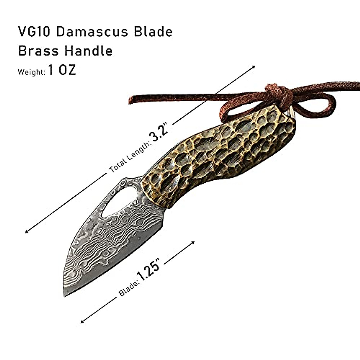 Cool Hand 2'' EDC Flip Joint Folding Knife, Small Pocket Knives w/ 1.25'' VG10 Damascus Steel Blade, Brass Handle w/Leather Lanyard，Tin Box Packaging