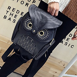 Girl's Owl Cartoon Backpack Pu Leather Mini Bag (Black)