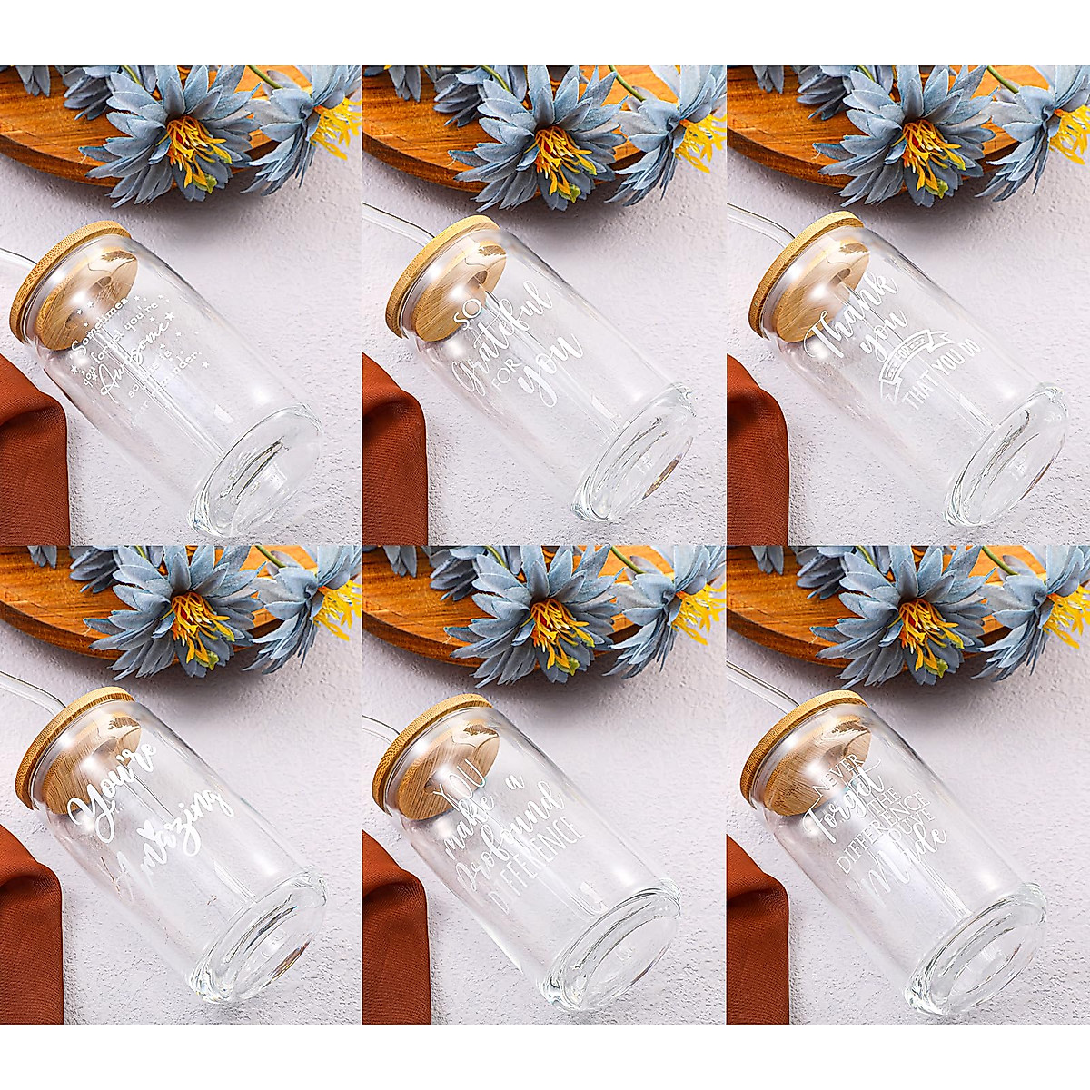 Irenare 10 Pcs Thank You Gift Bulk 17 oz Glass Cup Employee Appreciation Gift Can Shaped Glass Cup with Bamboo Lid Straw for Women Teacher Nurse Graduation