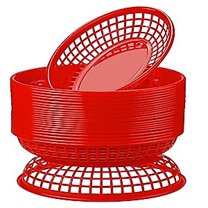 GothaBach 24 Pack Fast Food Baskets, Plastic Fast Food Restaurant Baskets, Bread Fry Baskets Serving Tray for Hot Dogs, Chicken, Burgers, Sandwiches, Fries (Red)