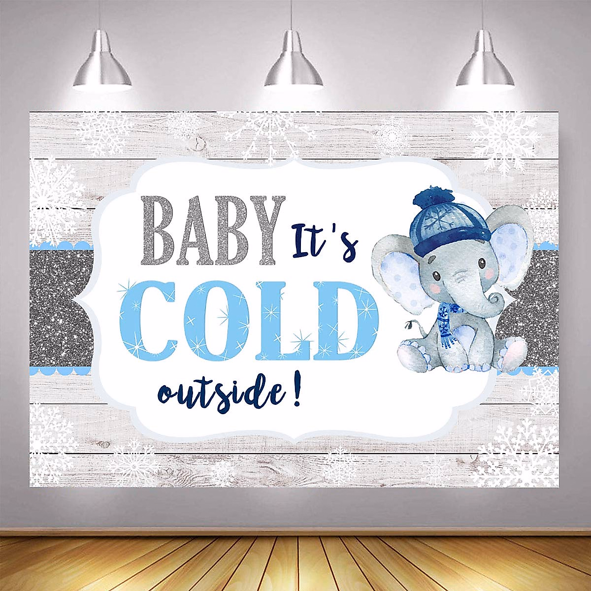 Mocsicka Baby It's Cold Outside Backdrop Rustic Floor Boy Girl Elephant Baby Shower Photography Background Winter White Snowflake Princess Newborn Cake Table Decoration Photo Booth (5x3ft)