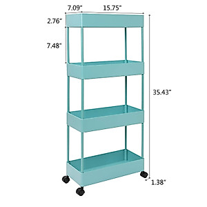 JAKAGO 4-Tier Utility Rolling Storage Cart Slim Mobile Shelves on Wheels Multi-Function Trolley with Mesh Basket Storage Organizer Rack for Kitchen Pantry Bathroom Laundry (Teal)