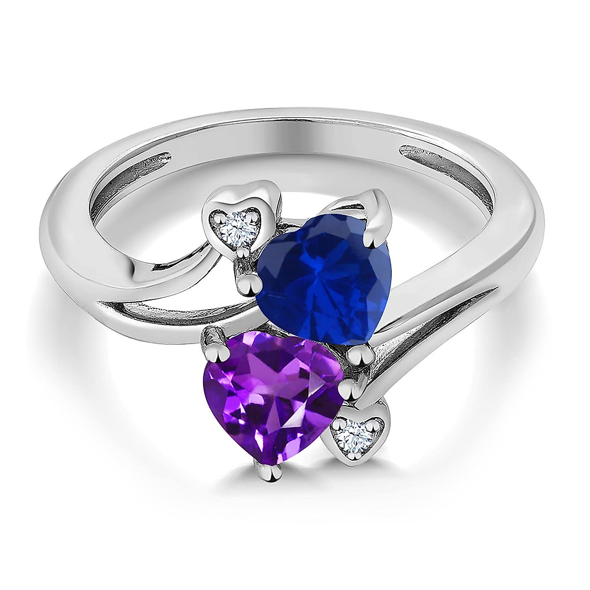 Gem Stone King 925 Sterling Silver Blue Created Sapphire Purple Amethyst Ring For Women (1.48 Cttw, Heart Shape 6MM, Gemstone September Birthstone, Available In Size 5, 6, 7, 8, 9)