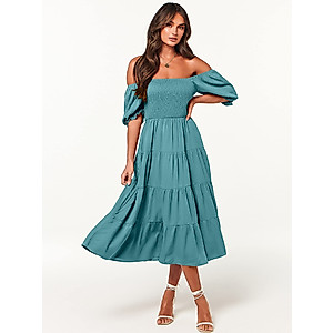 ANRABESS Women's Casual 2024 Summer Fashion Midi Dress Puff Short Sleeve Square Neck Smocked Tiered Boho Beach Dresses Lake-S