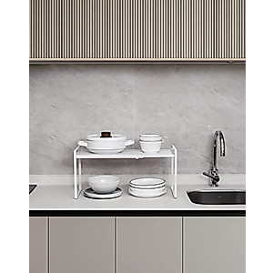 Nxconsu Expandable Cabinet Shelf Organizer Storage Rack Shelf Riser for Kitchen Pantry Cupboard Bathroom Under Sink Counter Countertop Desk Space Saver Freestanding Stackable Heavy Duty White Large