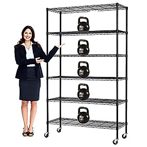 6-Tier Storage Shelf, Wire Shelving Unit NSF Certified Storage Rack 48" W x 18" D x 82" H 2100Lbs Capacity Adjustable Layer Heavy Duty Metal Rack Steel with Casters for Kitchen Garage Pantry Black