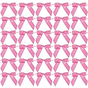 AIMUDI Hot Pink Bows 2.5" Pink Ribbon Valentine's Day Pink Twist Tie Bows Pre Tied Bows Premade Bows for Crafts Treat Bags Cake Pop Party Decorations Candy Apple Box Wedding - 50 Counts