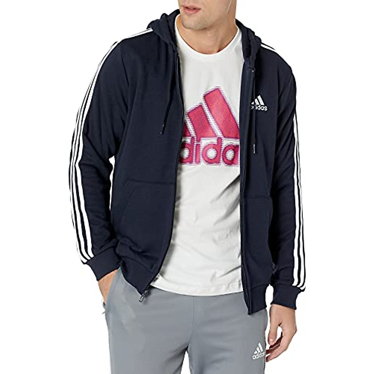 adidas Men's Essentials French Terry 3-Stripes Full-Zip Hoodie, Legend Ink/White, Medium