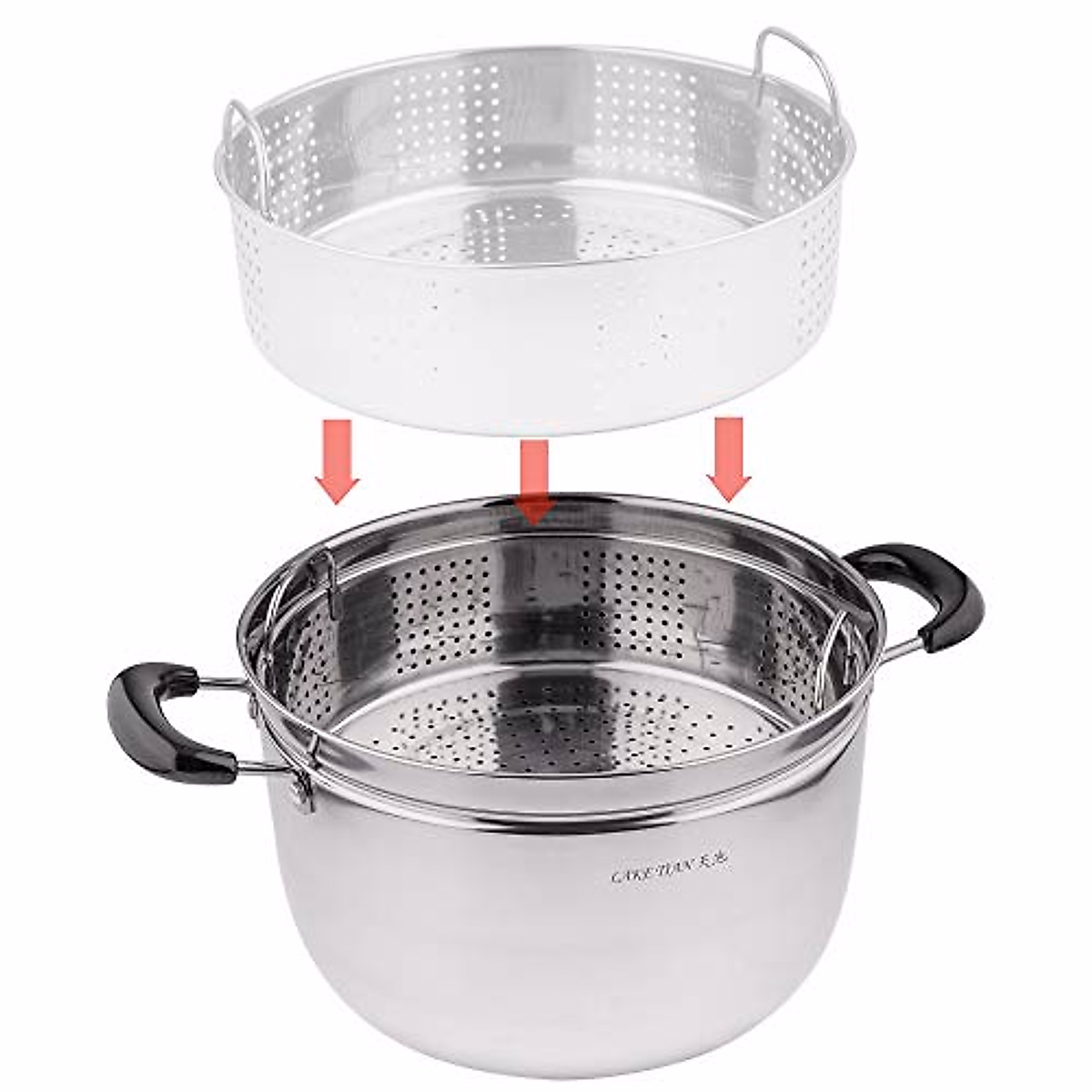 2 Tier Stainless Steel Steamer Pot Cookware Pot & Pan/Saucepan Cooking Set with Insert Basket, Great Steamer For Cooking Food, Tempered Glass Lid, Dishwasher Safe By Lake Tian (22cm/8.7in), 6qt