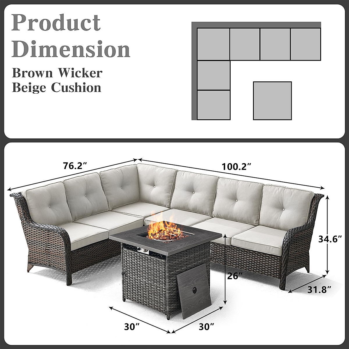 Wicker Outdoor Patio Furniture Set - Rattan Sofa Sectional Conversation Sets with 2 Loveseat,1 Corner Sofa,1 Armless Sofa and 1 Square Propane Fire Pit Table(Brown Wicker/Beige Cushion)