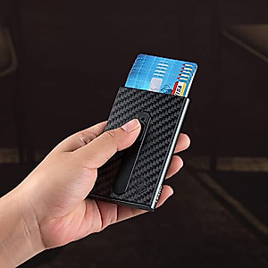Leaov Minimalist Credit Card Holder wallet Pop Up Cards for Men, with Money Pocket，RFID Blocking Carbon Fiber Slim Metal Case(Space Grey)