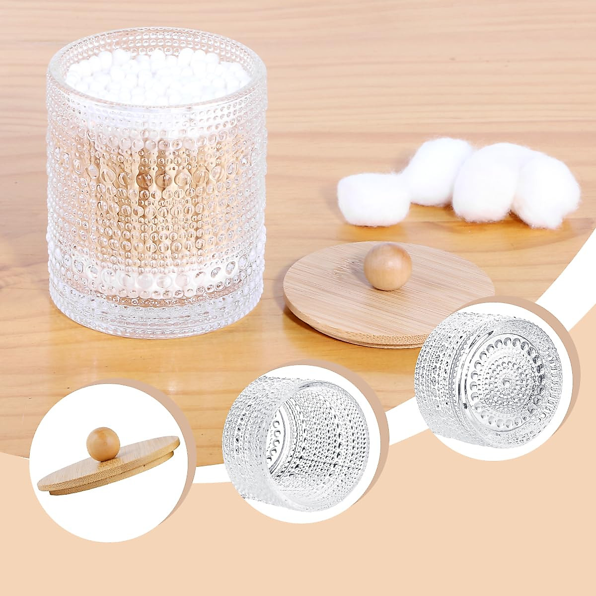 Tonxus Bathroom Qtip Holder Set,Glass Apothecary Jars with Lids,Bamboo Cotton Ball Holder,Clear Cotton Swab Holder,Bathroom Vanity Storage Organizer Jars for Round,Bath Salts,Candy,Jewelry (Nail)