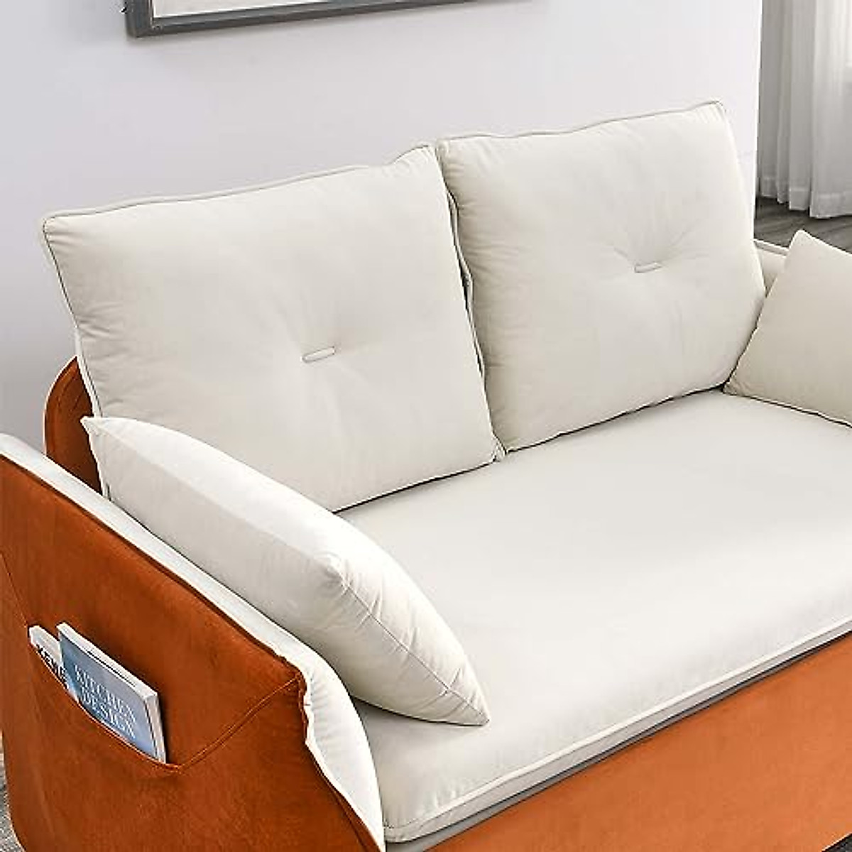 JEEOHEY Pull Out Sleeper Sofa Bed,Convertible Loveseats Sofa Chair,Revesible Velvet Fabric Couch Bed with Cushions&Throw Pillows for Living Room/Apartment/Office/Small Place (Orange)